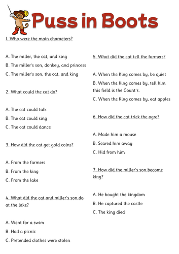 Puss in Boots Reading Comprehension | Teaching Resources
