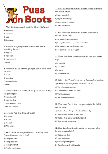 Puss in Boots Reading Comprehension | Teaching Resources