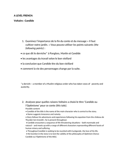 Teaching Resource: Voltaire's Candide: A LEVEL FRENCH - including mock ...