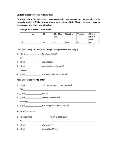 E-I stem change verbs fast mini practice | Teaching Resources