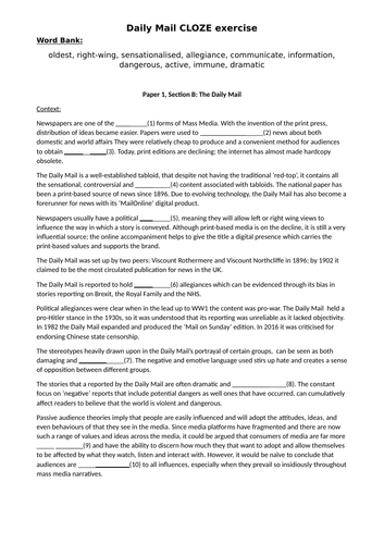 AQA A level Media Paper 1: Cloze exercises | Teaching Resources