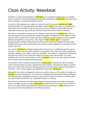 AQA A level Media Paper 1: Cloze exercises | Teaching Resources