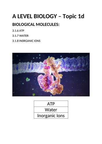 AQA A LEVEL BIOLOGY TOPIC 1 CLASS WORK BOOK ATP WATER IONS | Teaching ...