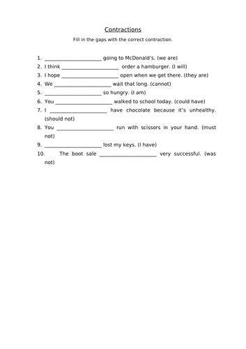 KS1/LKS2 Contractions Worksheet Activity | Teaching Resources