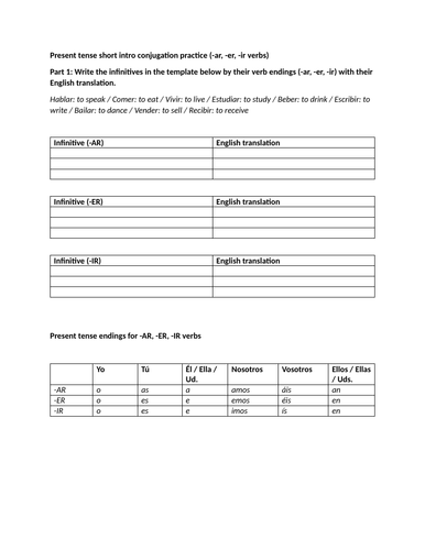 Present tense short intro conjugation practice (-ar, -er, -ir verbs ...