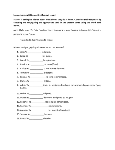 Los quehaceres fill in practice (Present tense) | Teaching Resources