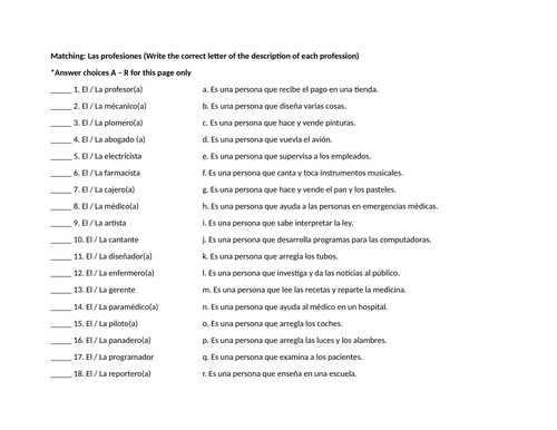 Matching: Las profesiones (Professions in Spanish) | Teaching Resources