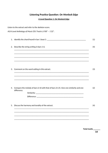 Full set of listening questions for On Wenlock Edge song cycle for ...