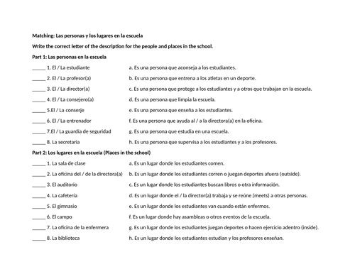 Matching: Las personas y los lugares en la escuela | Teaching Resources