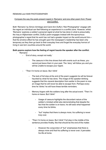 Remains + War Photographer - Regret - Essay Grade 9 | Teaching Resources