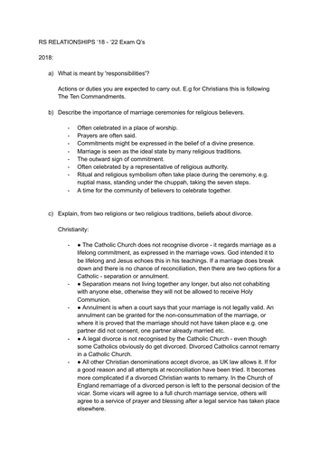 EDUQAS GCSE RELIGIOUS STUDIES RELATIONSHIPS EXAM Q'S 2018 - 2022 ...