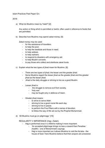 EDUQAS GCSE RELIGIOUS STUDIES ISLAM PRACTICES EXAM Q'S 2018 - 2022 ...