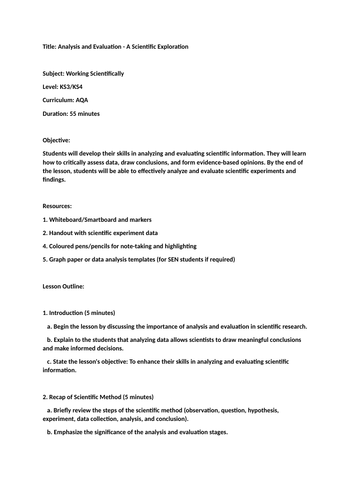 Lesson Plan: Analysis and Evaluation (Working Scientifically ...
