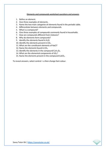 Elements and compounds KS4 worksheet questions and answers. | Teaching ...