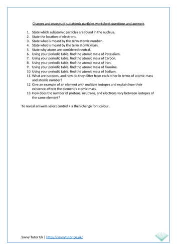 Charges and masses of subatomic particles KS4 worksheet questions and ...