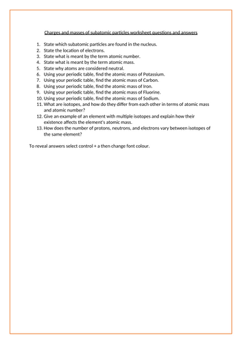 Charges and masses of subatomic particles KS4 worksheet questions and ...