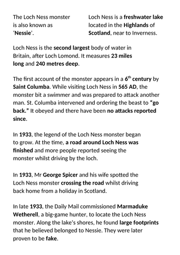 Year 3 English Non-Fiction Unit - Loch Ness Monster | Teaching Resources
