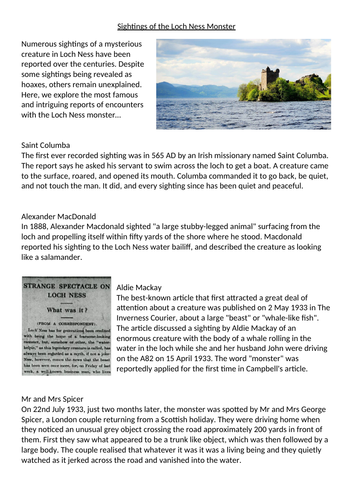 Year 3 English Non-Fiction Unit - Loch Ness Monster | Teaching Resources