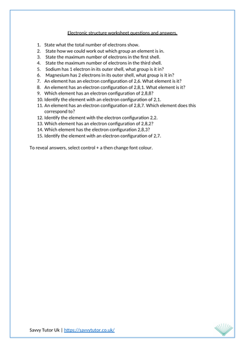 Electronic structure KS4 worksheet questions and answers. | Teaching ...