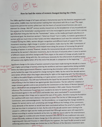 USA Theme 3: 1960s women essay practice | Teaching Resources