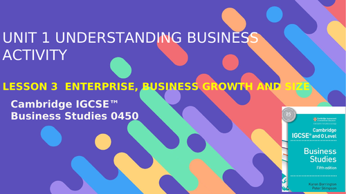 Cambridge IGCSE Business Studies (0450) Unit 1. Lesson 3 Enterprise ...