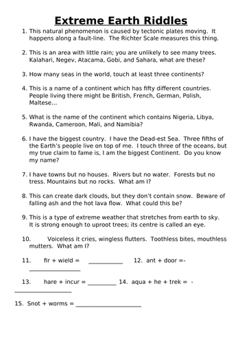 Extreme Earth Riddles | Teaching Resources
