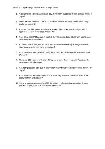 3-digit x 1-digit multiplication word problems. | Teaching Resources