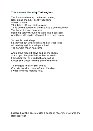 The Harvest Moon by Ted Hughes Reading Comprehension Activity ...