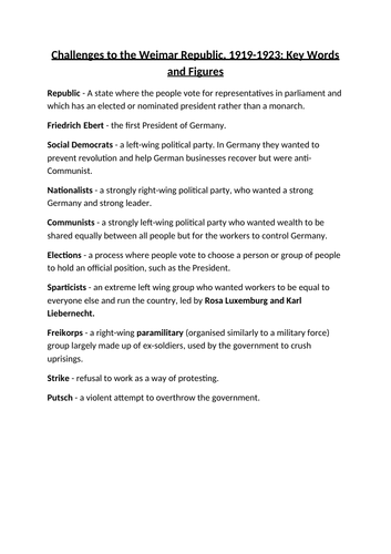 Unit 1: Lesson 4 - Challenges to the Weimar Republic | Teaching Resources