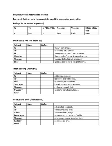 Irregular preterit J stem verbs practice | Teaching Resources