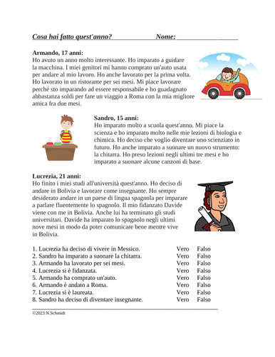 Italian Past Tense Reading: Cosa hai fatto quest'anno Lettura (passato ...