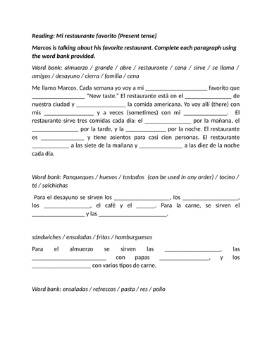 Reading: Mi restaurante favorito (Present tense) | Teaching Resources