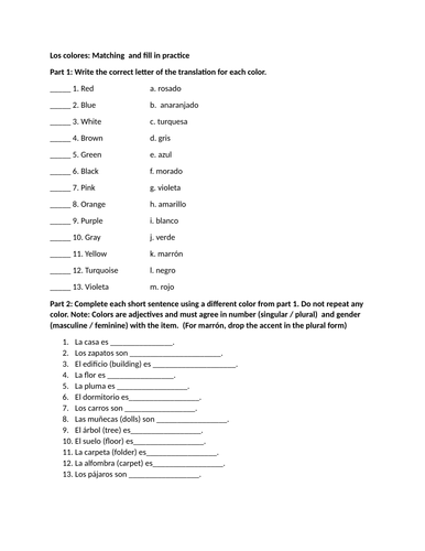 Los colores: Matching and fill in practice | Teaching Resources