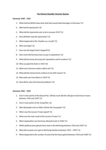 Weimar and Nazi Germany Unit 1 revision resources | Teaching Resources
