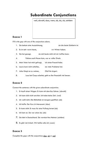German Subordinate Conjunctions Worksheet | Teaching Resources