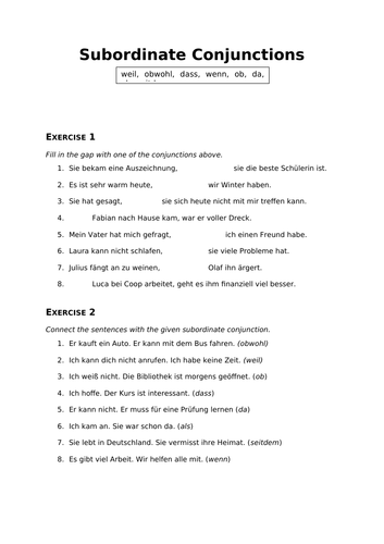 German Subordinate Conjunctions Worksheet | Teaching Resources