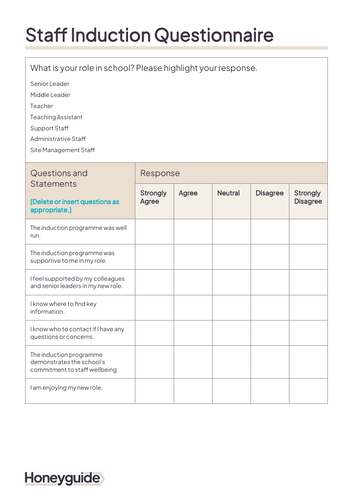 Staff Induction Questionnaire | Teaching Resources