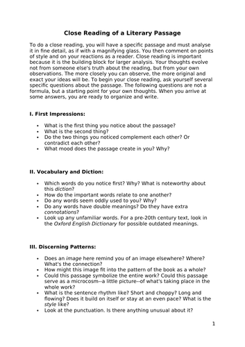 Guidance on Close Reading of a Literary Passage | Teaching Resources