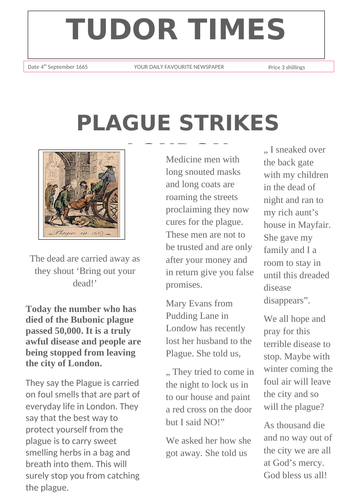 The Plague 1665 - A newspaper W.A.G.O.L.L. | Teaching Resources