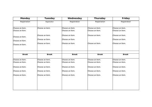 Weekly timetable planner with Four purposes dropdown statements and ...