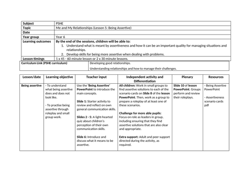 Year 6 PSHE & Citizenship Lesson - Being Assertive | Teaching Resources