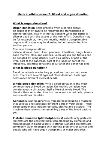Medical ethics and religion - lesson 2 - Blood and organ donation ...