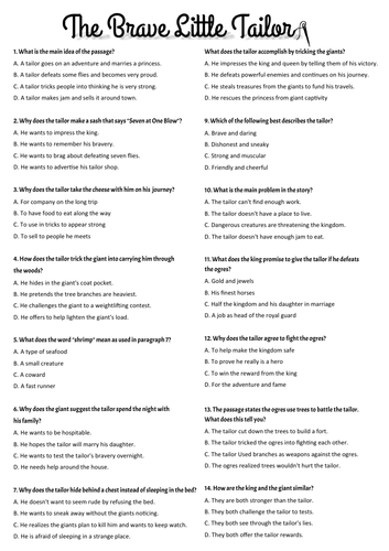 Brave Little Tailor Reading Comprehension | Teaching Resources