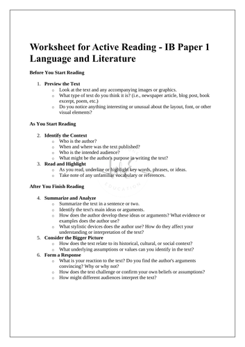 Micro Worksheets : Active reading strategies for IB English Language ...