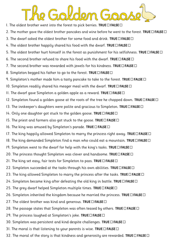 The Golden Goose Reading Comprehension | Teaching Resources