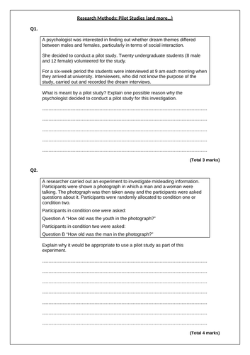 A-Level Psychology - PILOT STUDIES AND MORE [Year 1 Research Methods ...