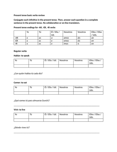 Present tense basic verbs review | Teaching Resources