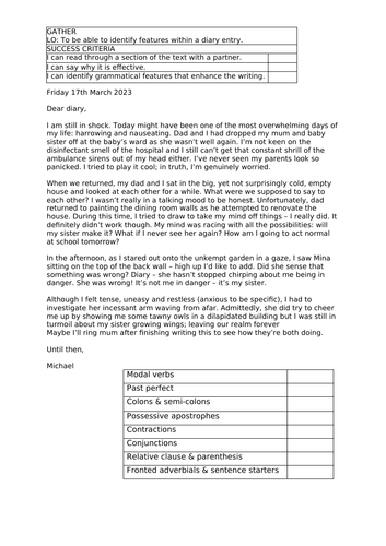Skellig - UKS2 English - Diary Entry - 3 Week Cycle | Teaching Resources