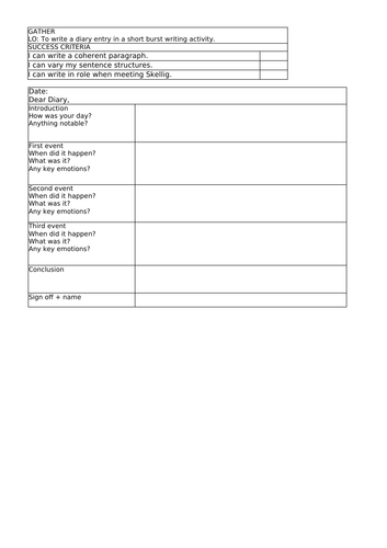 Skellig - UKS2 English - Diary Entry - 3 Week Cycle | Teaching Resources