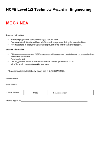 NCFE ENGINEERING - MOCK NEA - Shelf Support Bracket | Teaching Resources